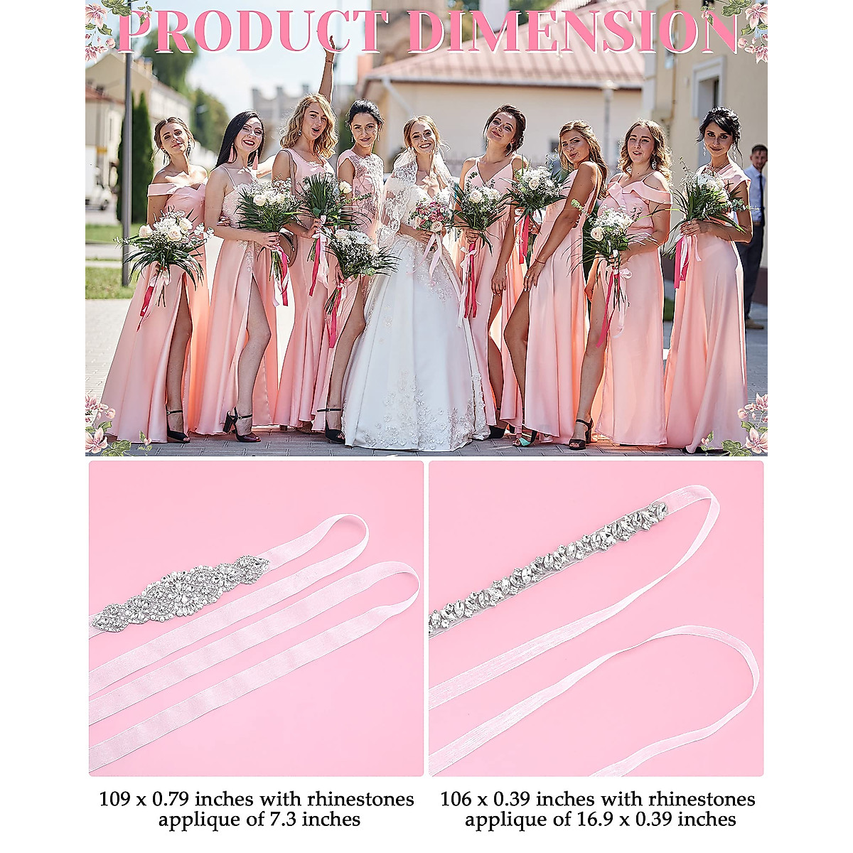 2 Pieces Rhinestone Bridal Wedding Dress Sash Belt Crystal Diamond Ribbon Wedding Belts for Bridesmaid Wedding Dress (White)