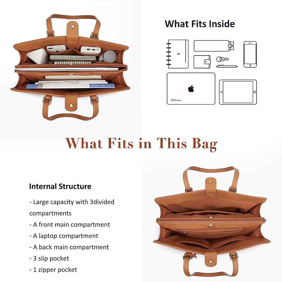 ECOSUSI Laptop Bag For Women 15.6 Inch Work Tote Bags PU Leather Computer Purse For Business Office With 3 Layer Compartments