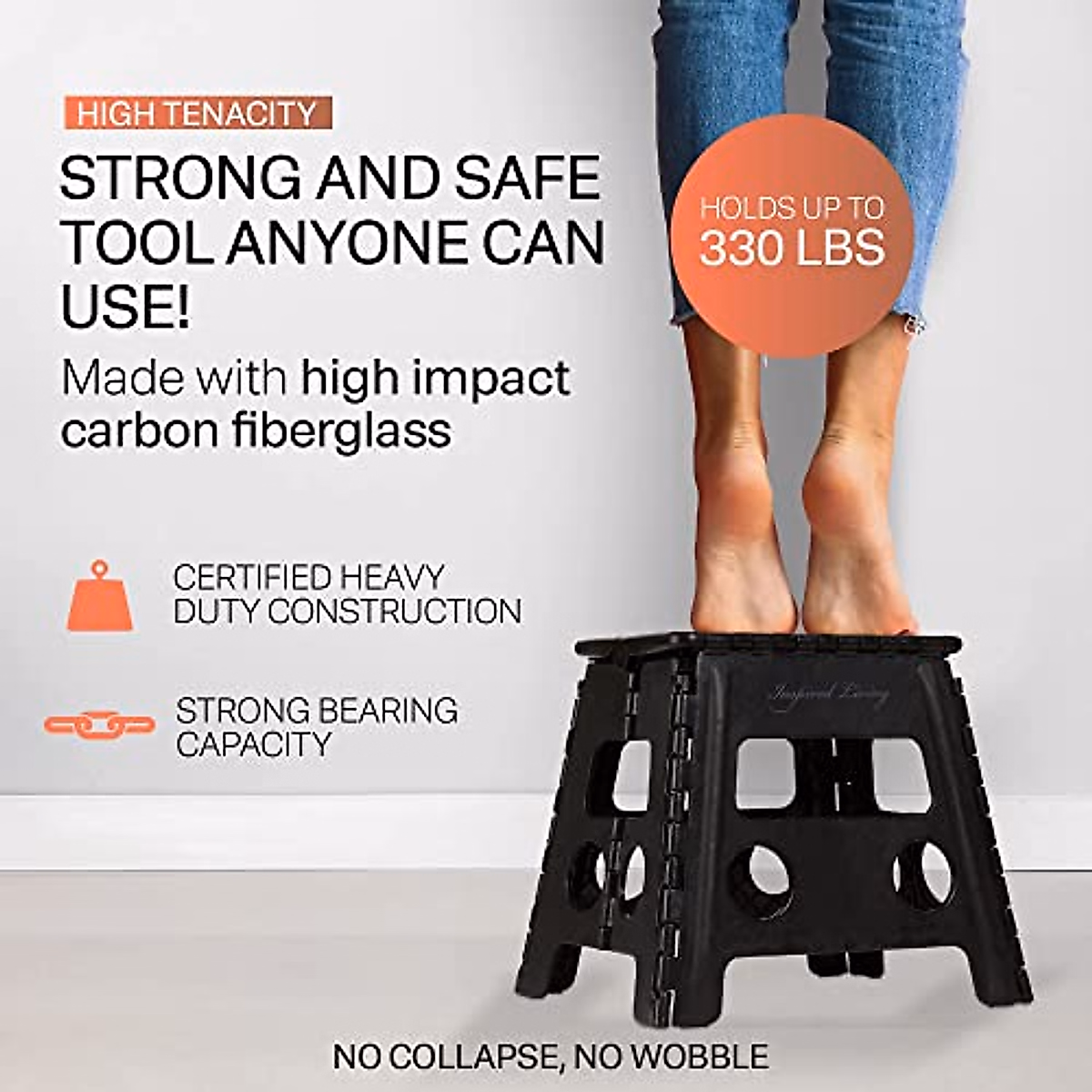 Inspired Living 13" Step Stool, Folding Step Stools for Adults, Plastic Foldable Step Stools Kids, Holds Up To 330 lbs, Collapsible Folding Stool for Kitchen, Bathroom, Bedroom - Black