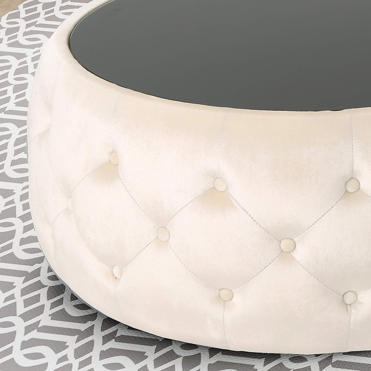 Christopher Knight Home Ivy Glam Velvet and Tempered Glass Coffee Table Ottoman, Beige, Black