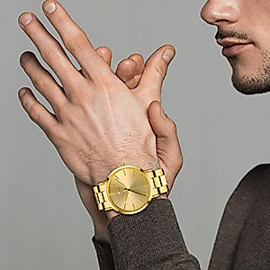 GOLDEN HOUR Men's Watches Slim Minimalist Runway Gold Plated Stainless Steel Quartz Analog Watch with Black Hands