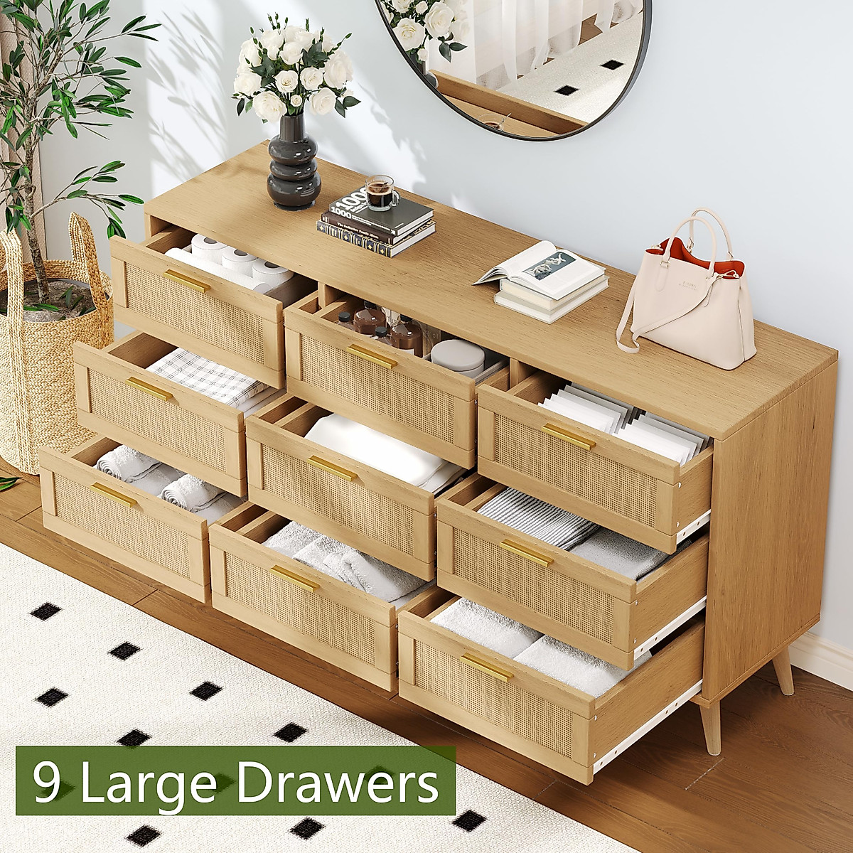 Keehusux Rattan 9 Drawer Dresser for Bedroom, Accent Storage Dresser with Solid Wooden Legs, Long Chest of Drawers with Metal Handles for Closet, Living Room, Entryway, Natural KES003MDG