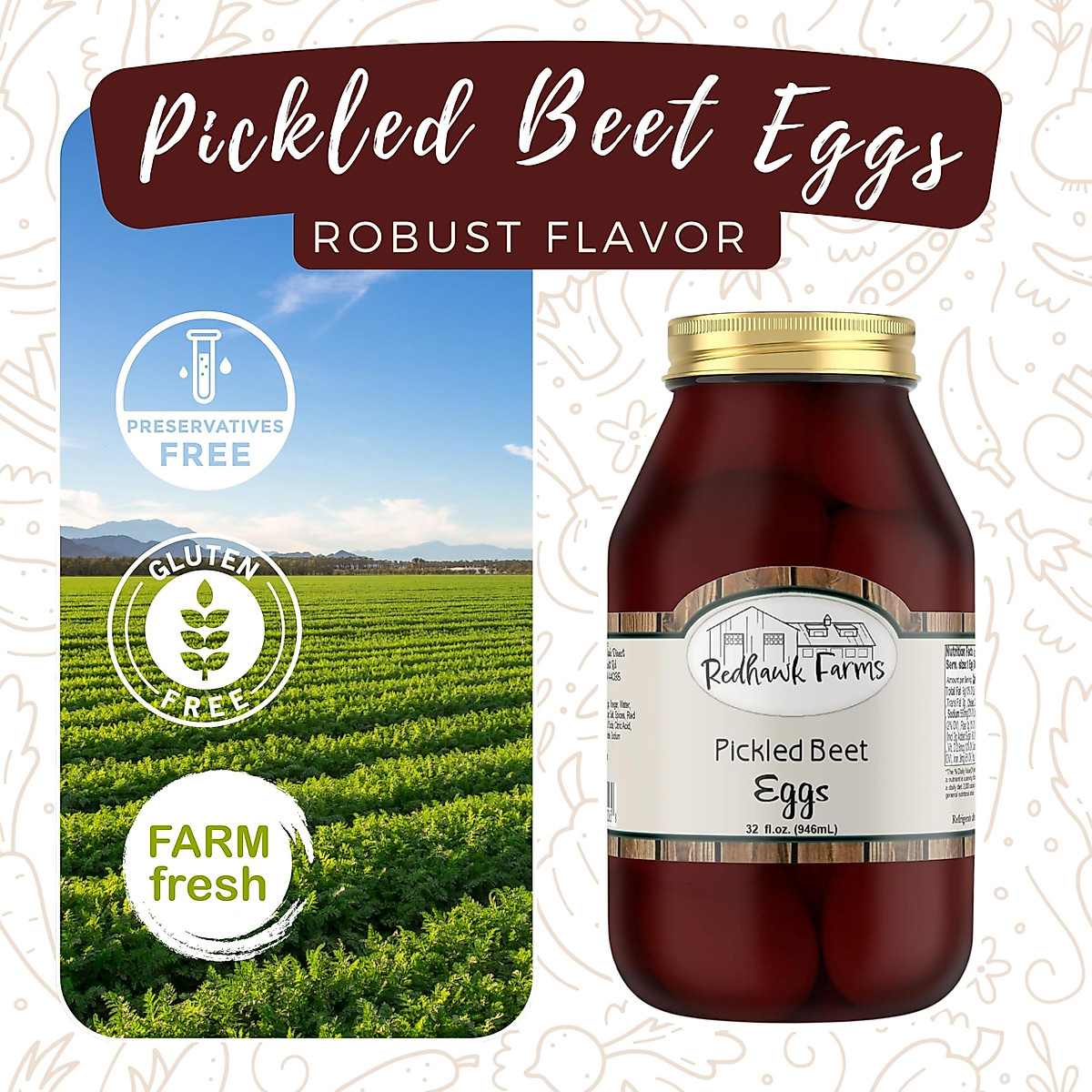 Redhawk Farms Pickled Beet Eggs - Beet Juice & Fresh, Whole Eggs, Pickled & Jarred For Freshness - Gluten Free & Non-GMO - (32 Oz)