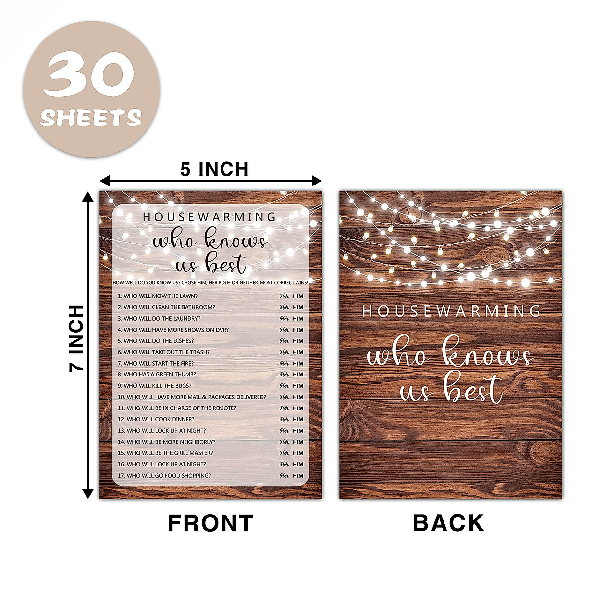 Housewarming Party Games, Who Knows Us Best, Rustic New Home, New House, New Homeowner Party Games Cards, 30 Sheets Each Pack