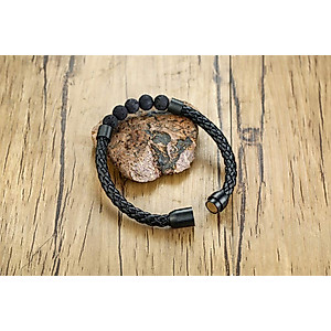 Beads Leather Bracelet for Men - Black Natural Stone Bracelets,Trendy Lava Rock Bead Braided Leather Bracelets Jewelry for Him,Anniversary Birthday Valentine's Day Christmas Gift for Men Cross