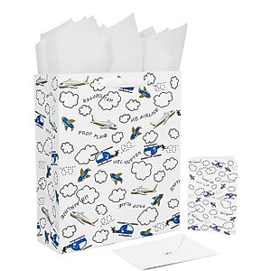 13" Large White Gift Bag Set with Greeting Card and Tissue Papers (Helicopter and Plane Design) or Boys’, Girls', or Kids' Party, Baby Showers, Boy