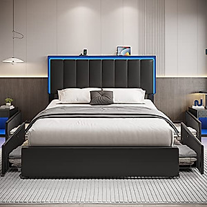 DICTAC Full LED Bed Frame with 4 Storage Drawers and Headboard Modern Full Size Upholstered Platform Bed Frame with Led Lights and USB Ports Faux Leather Full Storage Bed,No Box Spring Needed,Black