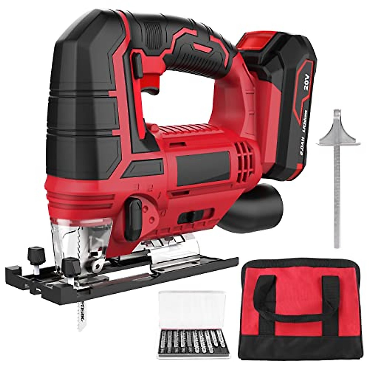 Jigsaw, 20V Cordless Jig Saws with LED, 10Pcs Blades, 4 Orbital Settings, Variable Speed, ±45° Bevel Cutting, Scale Ruler, Tool-free Blade Changing, Battery & Carrying Bag & Fast Charger Included（A）