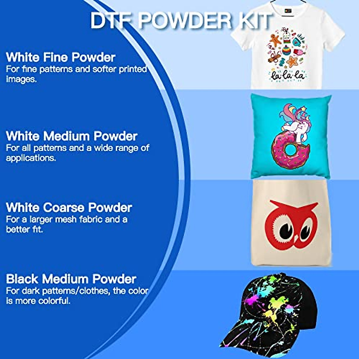Yamation DTF Powder Kit, DTF Adhesive Powder Include Fine Medium Coarse, White Black DTF Transfer Powder Hot Melt Adhesive applies to All DTF Transfer Printers for Digital Prints on DTF Supply