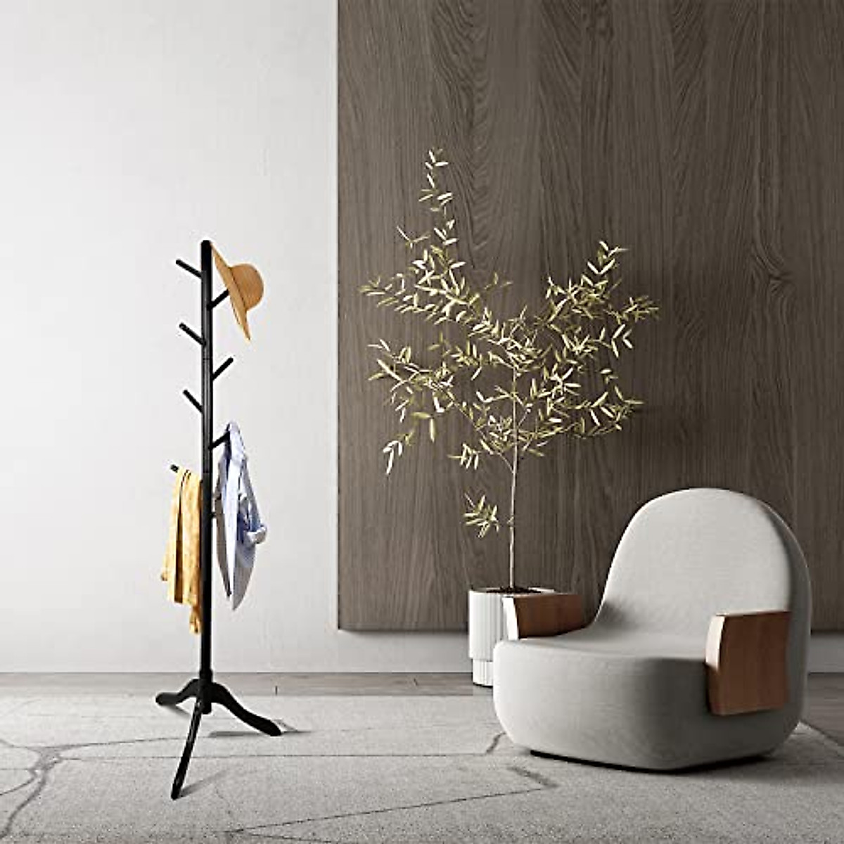 YEVONNIE Coat Rack Free Standing, Solid Wood Coat Stand, Hall Coat Tree with 8 Hooks for Coats, Hats, Bags, Purses, for Entryway, Hallway, Rubberwood (BLACK)