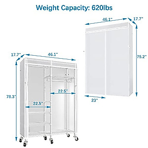 VIPEK R4C Garment Rack Rolling Clothes Rack 6 Tiers Heavy Duty Adjustable Wire Portable Closets with Lockable Wheels Wardrobe White Metal Clothing Rack with Frosted Translucent Cover, Max Load 620lbs