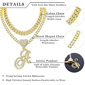 KOHOTA Gold Cuban Link Chain for Women Cursive Initial Pendant Necklace Layered Heart Shaped Zirconia Iced Out Chain Bling Necklace 24K Gold Plated Luxury Hip Hop Jewelry