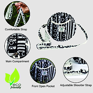 Handmade Circle Crossbody Purse Handbag Boho Zipper Shoulder Bag Round Cell Phone Purse (Black White)