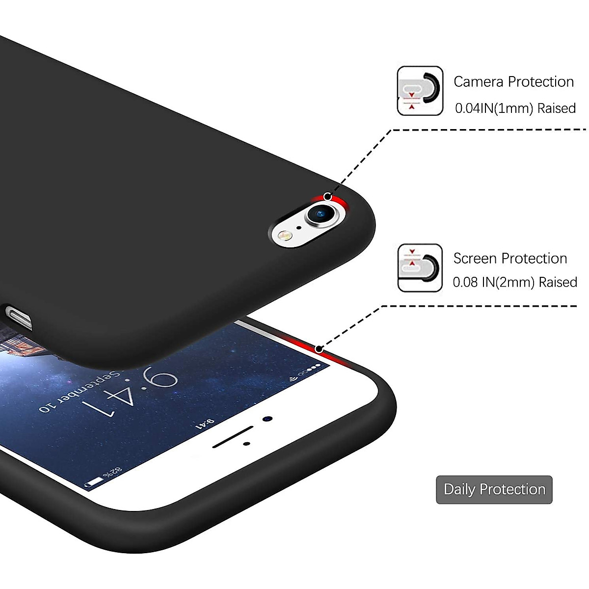 GUAGUA iPhone 6s Case iPhone 6 Case Liquid Silicone Soft Gel Rubber Slim Thin Light Microfiber Lining Cushion Texture Cover Shockproof Full Body Protection Phone Cases for iPhone 6/6S Black