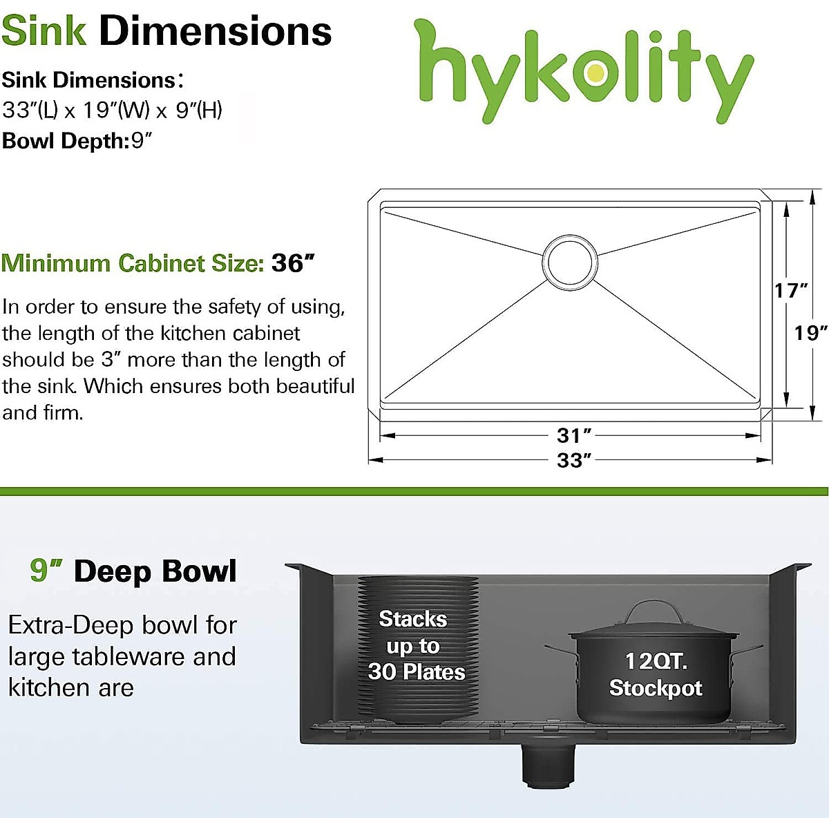 Hykolity 33-inch Undermount Workstation Kitchen Sink, 16 Gauge Single Bowl Stainless Steel Kitchen Sink with Integrated Ledge and Accessories