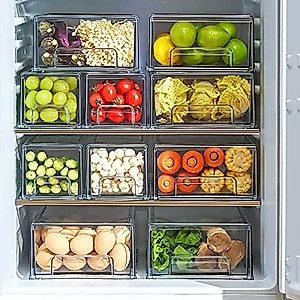 2 Pack Stackable Refrigerator Drawers Pull Out Bins Clear Fridge Drawer Organizer Food Storage Containers Plastic Veggie Fruit Produce Saver for Pantry Kitchen Freezer