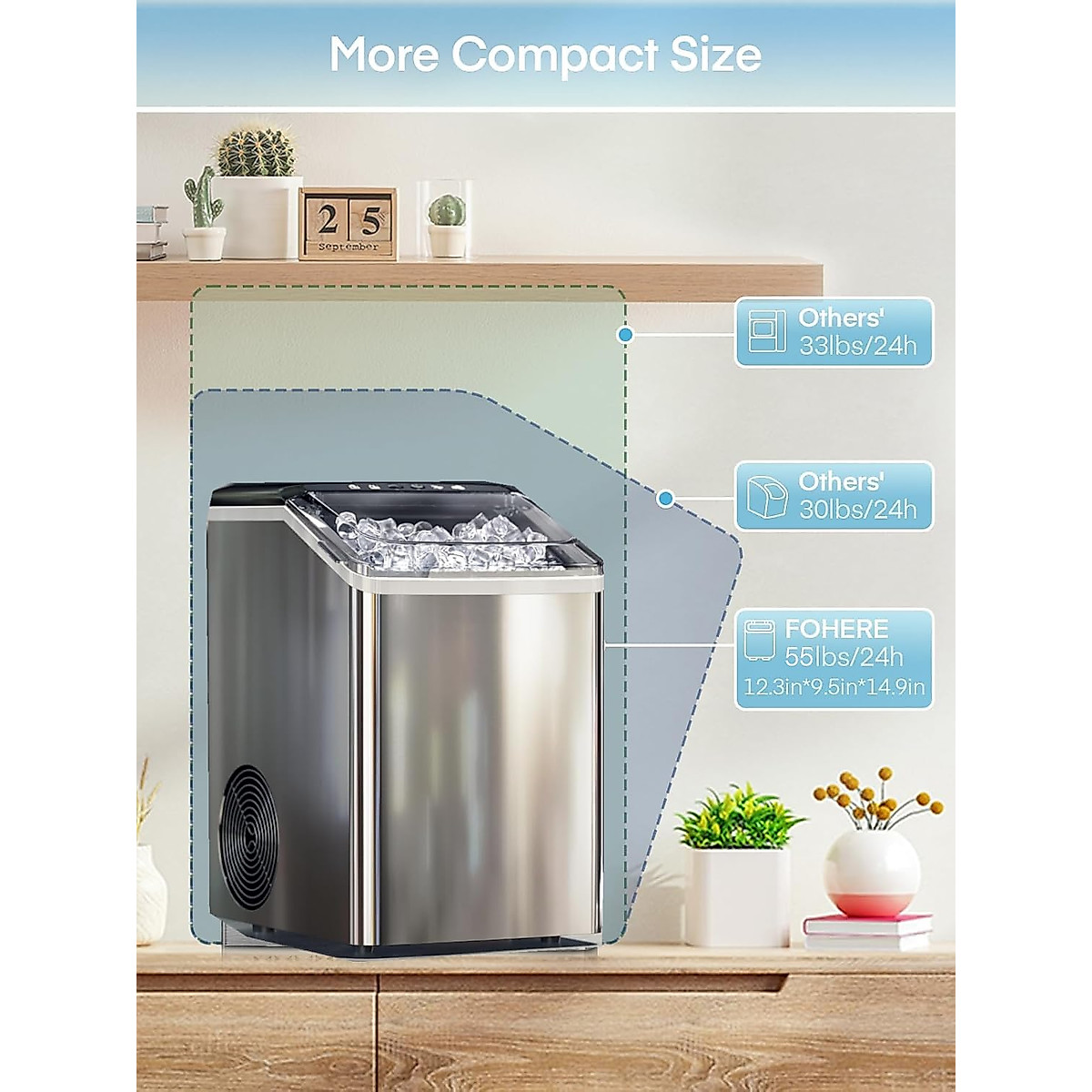 Nugget Ice Maker Countertop, 55lbs/24H Tooth-Friendly Soft Chewable Pebble Ice Machine, Self-Cleaning with Drainpipe, Crushed Pellet Ice Makers for Home Kitchen Party, Stainless Steel