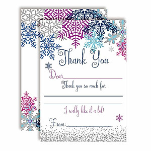 Winter Snowflake Birthday Thank You Notes, Ten 4" x 5.5" Fill In The Blank Cards with 10 White Envelopes by AmandaCreation