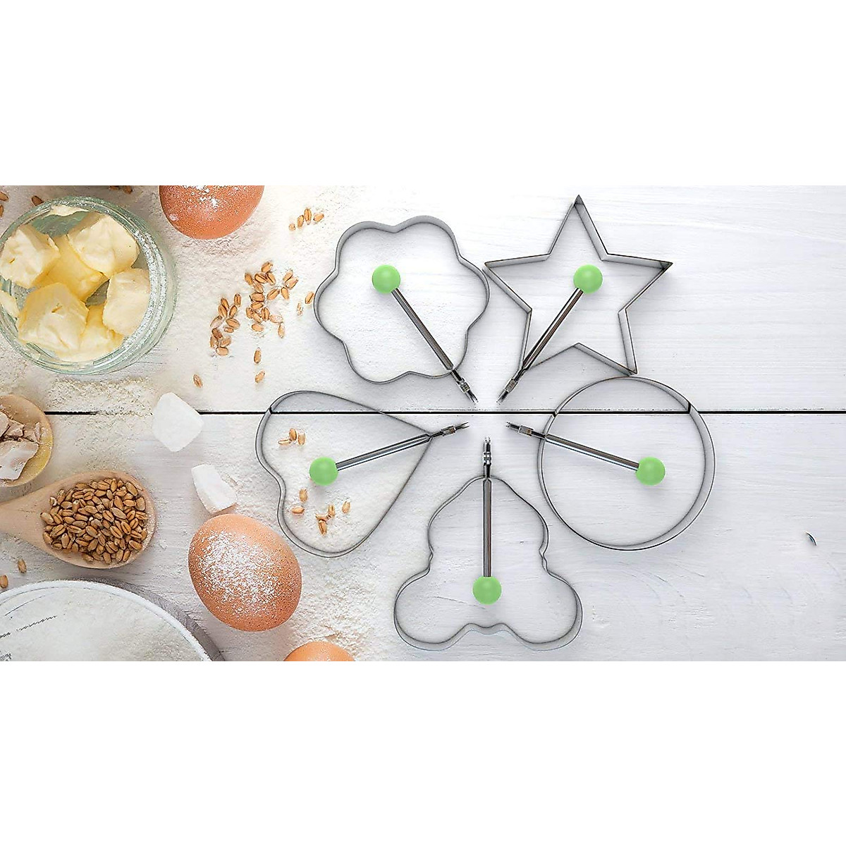 God's kitchen 5 pcs Non stick Ring Molds for Making Cakes, Pancakes, Meatloaf, Biscuits, Fried Egg Ecofriendly Stainless Steel Easy to Clean and Use 5 Different Shapes Great Kitchen Tool