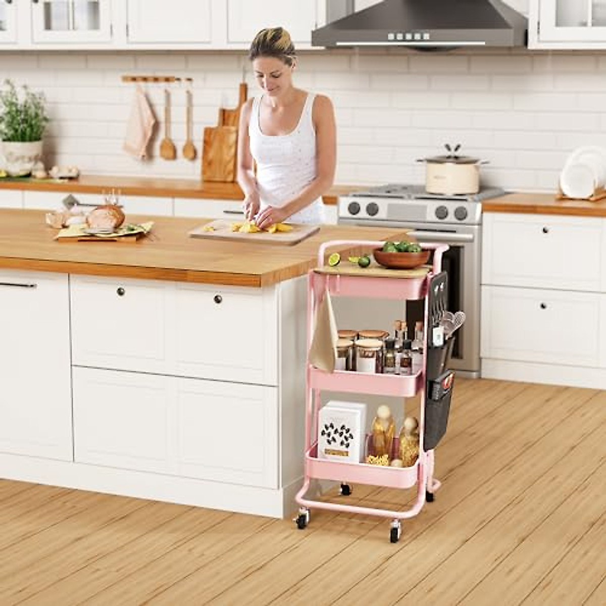DTK 3 Tier Metal Utility Rolling Cart with Table Top and Side Bags, Metal Tray Storage Organizer Cart with Wheels, Art Craft Cart with 4 Hooks for Kitchen Bathroom Office Living Room (Pink)