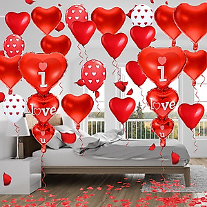 I Love You Balloons and Heart Balloon Set, Romantic Decorations for Special Night Valentines Day Balloons and Teddy-Bear Red Heart Balloons With 1000 PCS Silk Rose Petals 53PCS Valentine's Day Party decorations for Anniversary