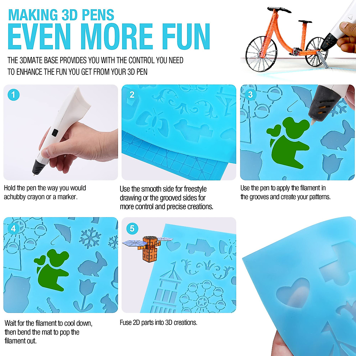 Blue 3D Printing Pen Mat - 3D Pen Mat for Kids, Adults - 16.3x10.8 inch 3D mat with Animal Patterns for 3D Printing Pen - Great 3D Silicone Pen Mat - Blue