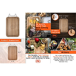 PK Grills Solid Teak Wood Cutting Board for Kitchen, Outdoor, Meat, BBQ, Food, Wooden Chopping Block with Stainless Steel Hanger, PKUA-CB-TW-X