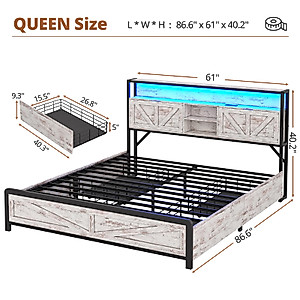 BTHFST Queen Bed Frame with Headboard & Drawers, Farmhouse LED Queen Bed with USB-C/A Charging Station, Headboard with Hidden Storage, No Box Spring Needed, Washed Oak Grey