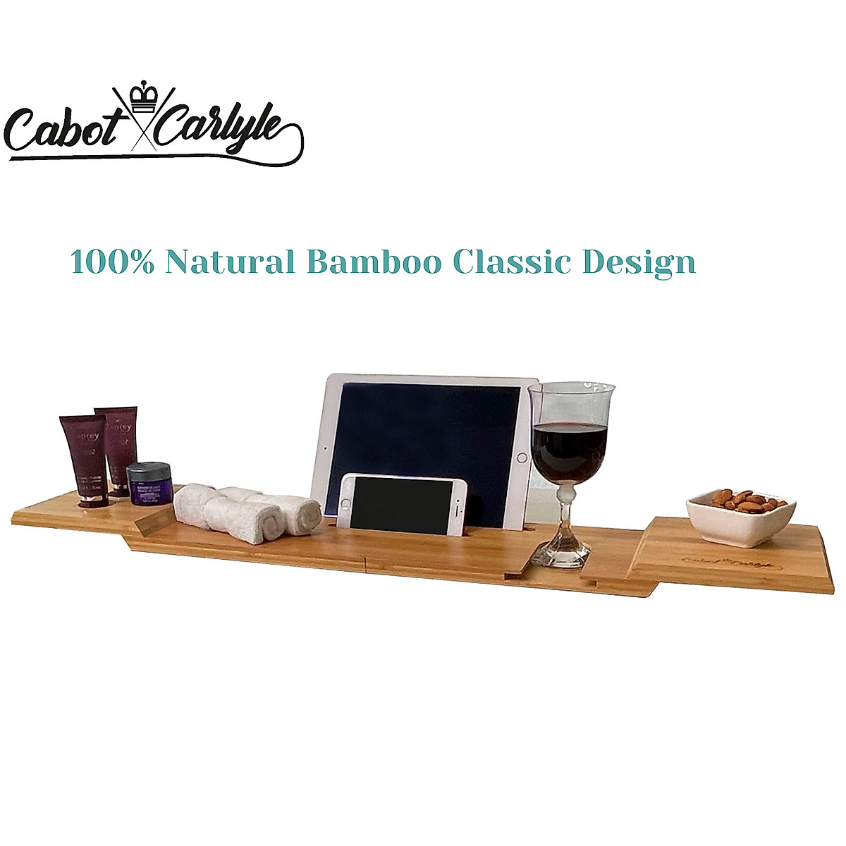 Cabot & Carlyle Luxury Bath Caddy Tray for Tub | Bath Table | Premium Bamboo Bathtub Tray for Tub | Fits All Bath Accessories Wine Glass, Books, Tablets, Cellphones, Shampoo | Bath Shelf Foldable.