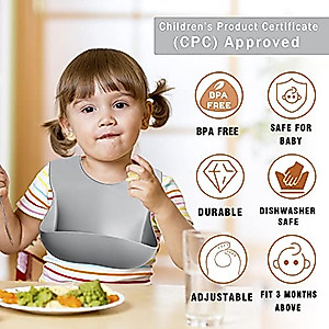 GODR7OY Baby Silicone Bibs, BPA Free Waterproof Silicone Bibs with Food Catcher, Bibs for Toddlers, 4 Sizes Adjustable, Soft and Easy Clean, Unisex Cute Bibs (Gray Cool, 2 Pack)