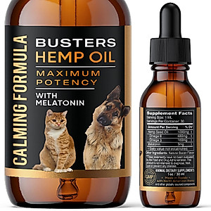 Busters Calming Hemp Oil, Enriched with Melatonin for Dogs, Cats, Pets, Sleep Aid, Natural Anxiety Relief, Ideal Omega Ratio, Adrenal and Cushings Support