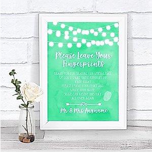 Mint Green Watercolour Lights Fingerprint Guestbook Personalized Wedding Sign
