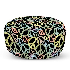 Lunarable Abstract Hippie Pouf Cover with Zipper, Randomly Intertwined World Peace Symbols Repetitive 60's Style Pattern, Soft Decorative Fabric Unstuffed Case, 30" W X 17.3" L, Multicolor