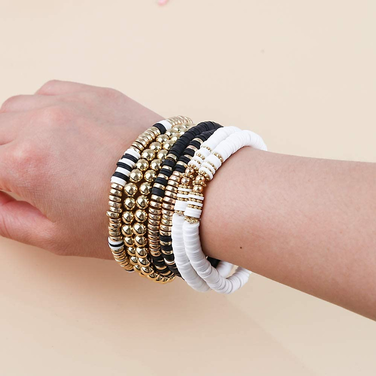 Colorful Surfer Stretch , Letter Vinyl Beads Bracelet Set, Handmade Elastic Rope Heishi, Summer Beach Bracelet for Women