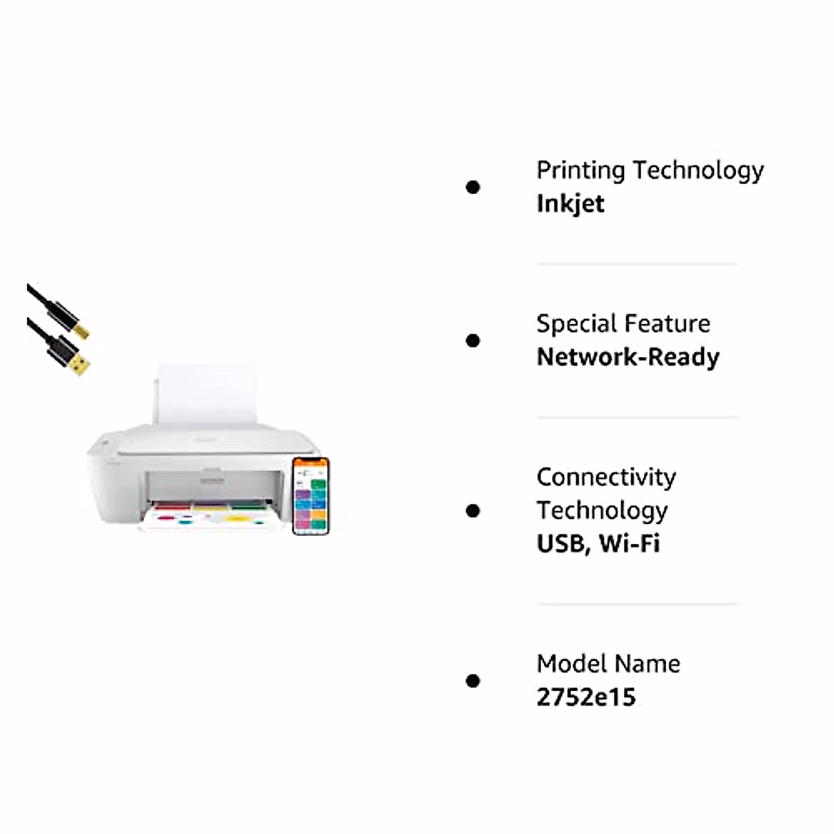 Bools H-P DeskJet 2752e Wireless All-in-One Color Inkjet Printer for Home, Office, Print, Copy, Scan, Wireless, USB Connectivity, Mobile Printing USB Printer Cable