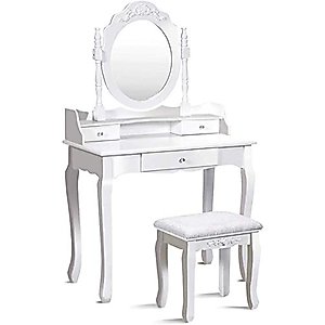 SPSUPE Click Image to Open expanded View Vanity Set with Oval 360° Rotating Mirror, Makeup with3 Storage Drawers, Painted Finish,Removable Top, Wooden Dressing Table, White