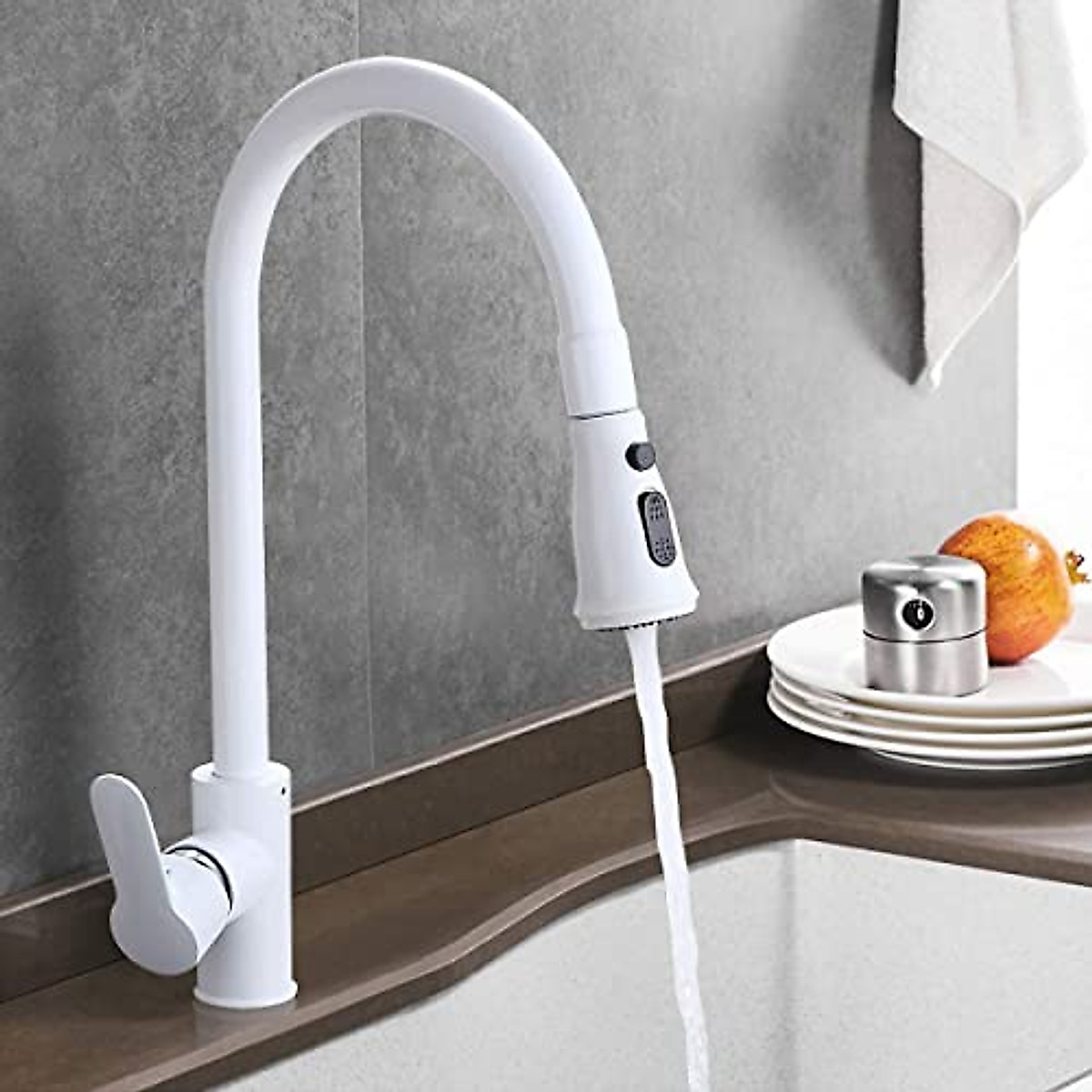 Yawhite Sleek White Kitchen Faucet with Pull Out Sprayer, 360 Degree Swiveling 3-Function Single Handle Modern Pull Down Kitchen Faucet(White)