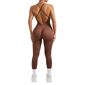 MOOSLOVER Women Strappy Backless One Piece Jumpsuits Tummy Control Padded Workout Rompers(XL,#1 Brown)