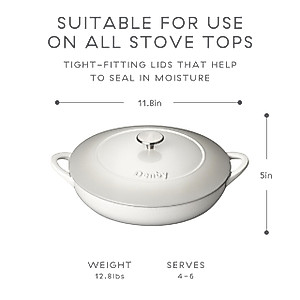 Denby - Natural Canvas White Cast Iron Casserole Dish Shallow - Dutch Oven, Oven Safe Pot, Enamelled - 3.8L Capacity, 11.8in - Serves 4-6 People