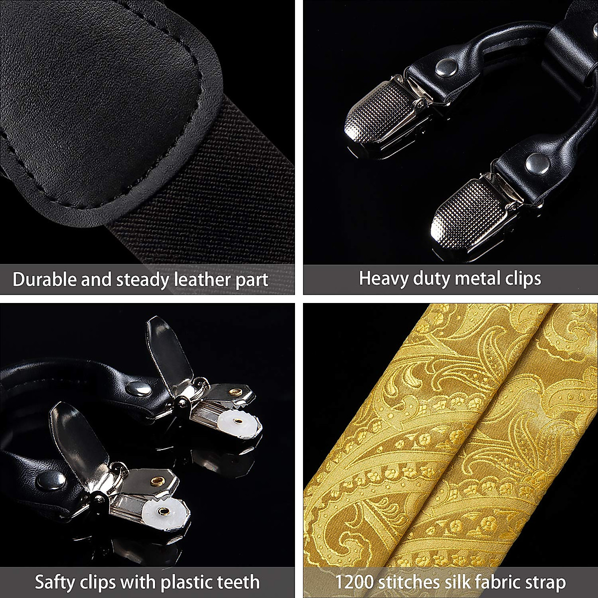 DiBanGu Gold Paisley Suspenders for Men Y-Shape Adjustable Suspenders Bowtie Pocket Square Cufflinks Clip Brace