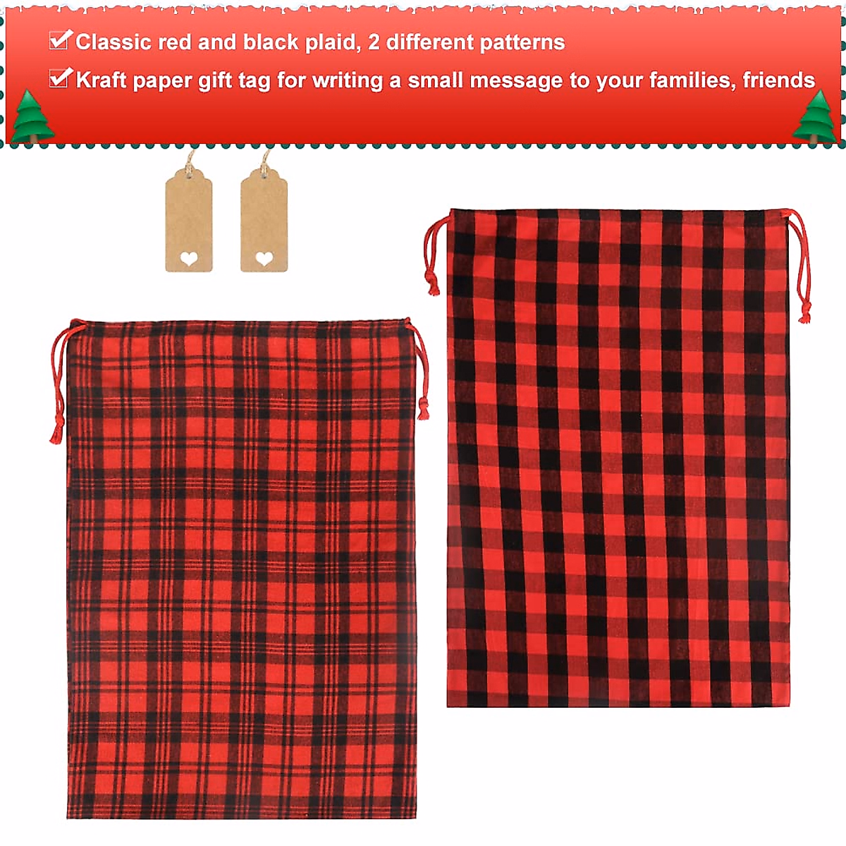 HRX Package 2pcs Cotton Santa Bag, 28x20 inch Plaid Fabric Drawstring Christmas Bags, Reusable Cloth Wrapping Bag with Gift Tag for Xmas Presents