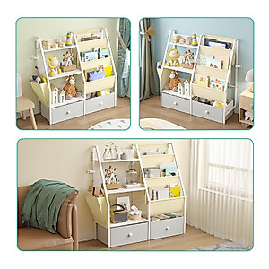 PLYFOU 3 Tier Kids Bookshelf and Toy Storage, Kids Book Sling Shelf, Montessori Toddler Bookshelf for Kids, Kids Bookcase, Toy Storage Organizer, for Playroom, Bedroom, Nursery