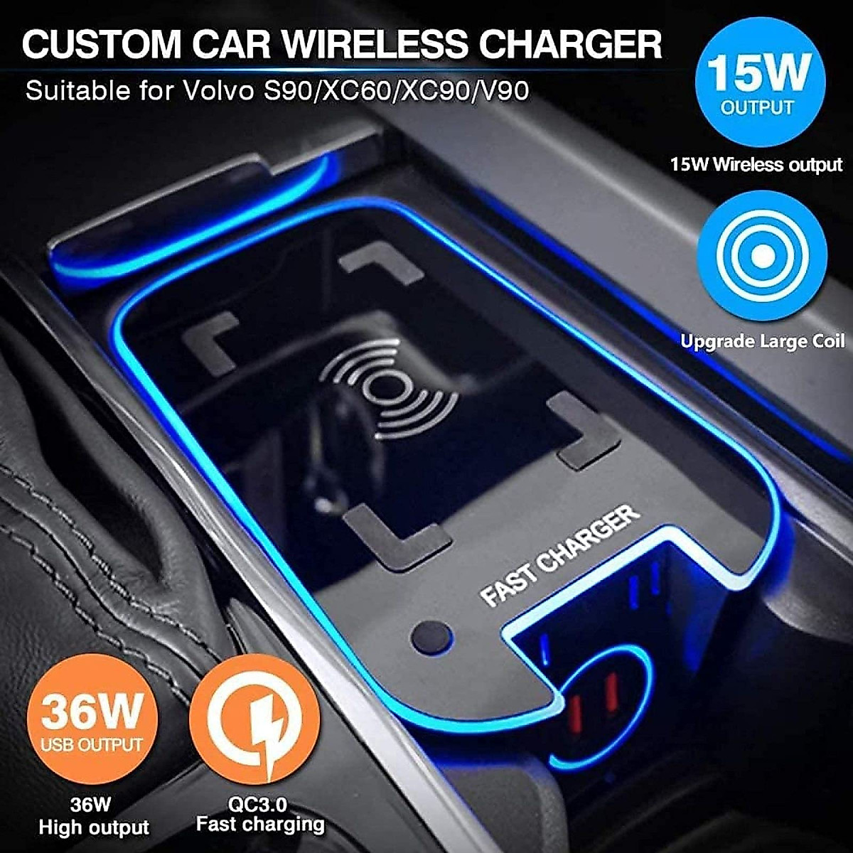 inBEKEA 2021 Upgraded Car Wireless Charger for Volv-O XC90 XC60 S90 V90 V60 S60 with USB Ports QI Smart Phone Charging Pad 10W QC3.0 Fast Charging for All QI Smartphones