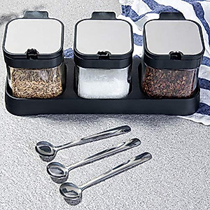 QAZSE Sugar Bowl with Lid and Spoon Glass Square 8 Ounce Clear Seasoning Jars Pepper Salt Spice Containers Gourmet Food Condiment Organizer with Base, Set of 3, Black