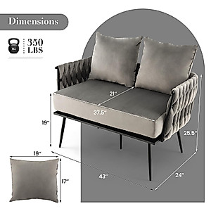 KOMFOTT 43” Loveseat Sofa, Modern Upholstered 2-Seat Sofa with 2 Back Pillows, Woven Backrest & Armrest, Mid Century Modern Dutch Velvet Sofa for Living Room Bedroom Apartment (Gray)