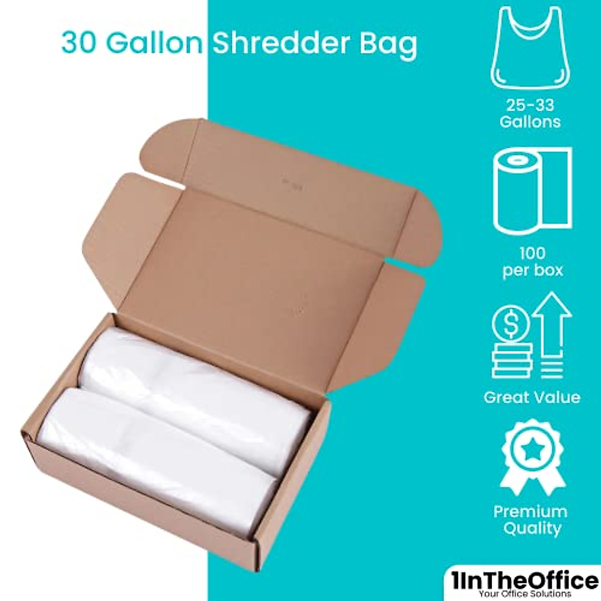 1InTheOffice Shredder Bags 30 Gallon, Bag Fits 25-33 Gallon, Paper Shredder Waste Bags Clear, (100 Box)