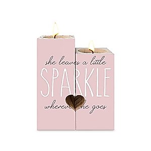 Blush Pink Positive Candle Holder with Tea Light, Vintage Wood Tealight Candle Stick Holder Pillar Centerpiece, Heart-Shaped Tall Wooden Tea Light Candle Holders Decor Set Black White Energy Word