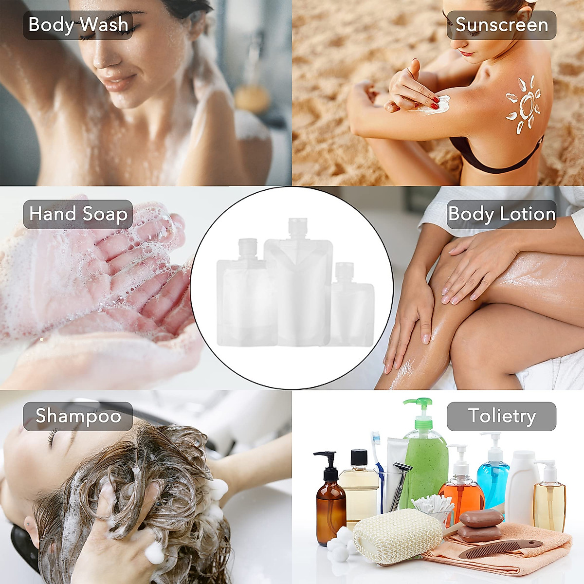 HQLESHUI 18 Pieces 3 Sizes 30ml/50ml/100ml Travel Size Refillable Empty Squeeze Pouch, Stand Up Pouch for Toiletry, Lotion Shampoo Shower Gel Squeezable Bags, Leakproof Cosmetic Containers