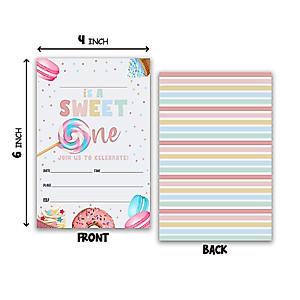 Grace Yonks Sweet One Birthday invitation, Dessert Party invite, Donut & Candy First Birthday, 20 Invitations and Envelopes, Birthday party Invitations, Birthday Party Supplies.(081)