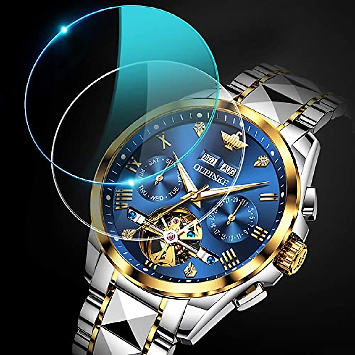 OUPINKE Automatic Mens Watches Blue Skeleton Mechanical Self Winding Tourbillon Luxury Business Dress Wristwatch
